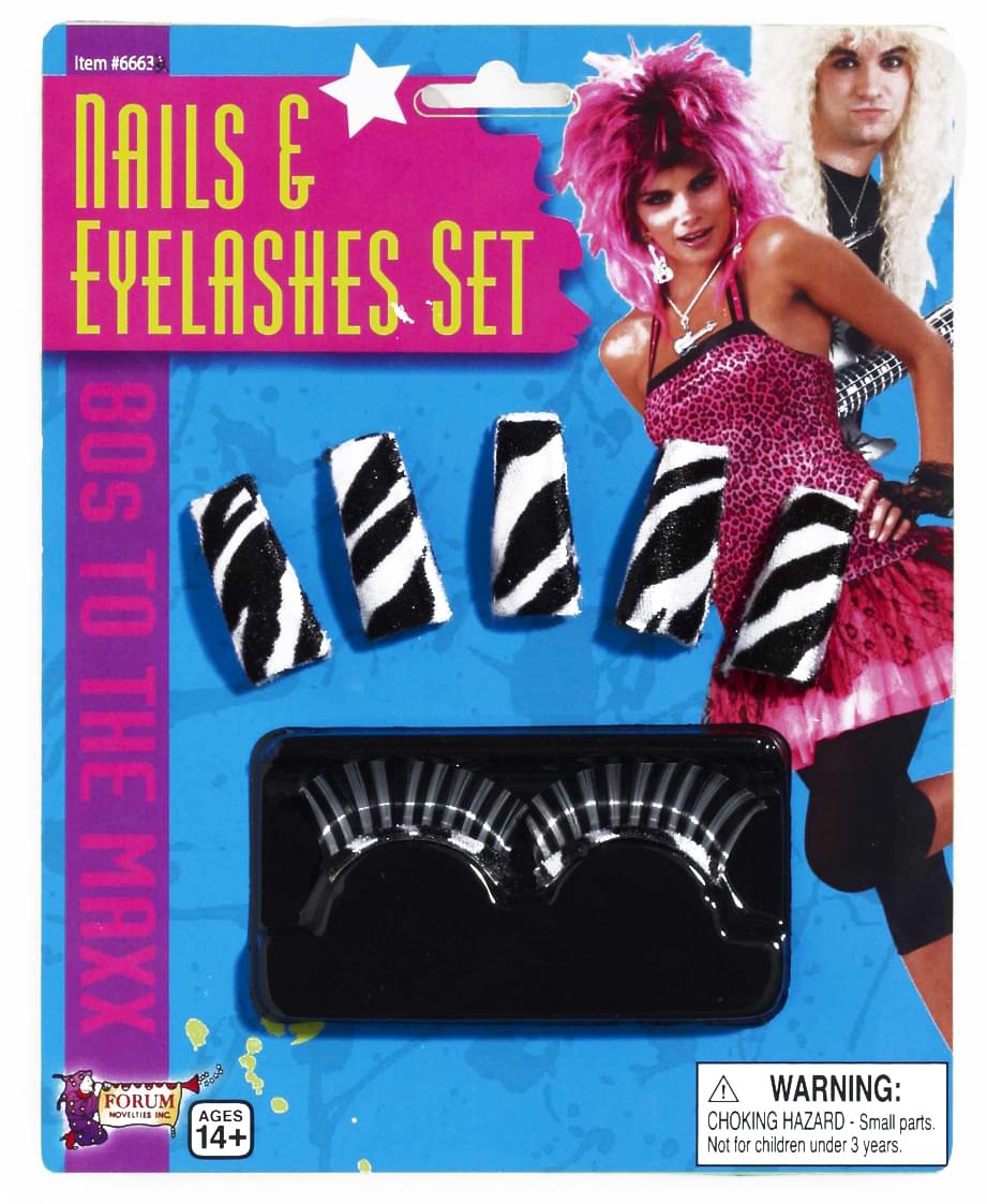80's Punk Rock Zebra Nails & Lashes Costume Accessory Set | Free Shipp