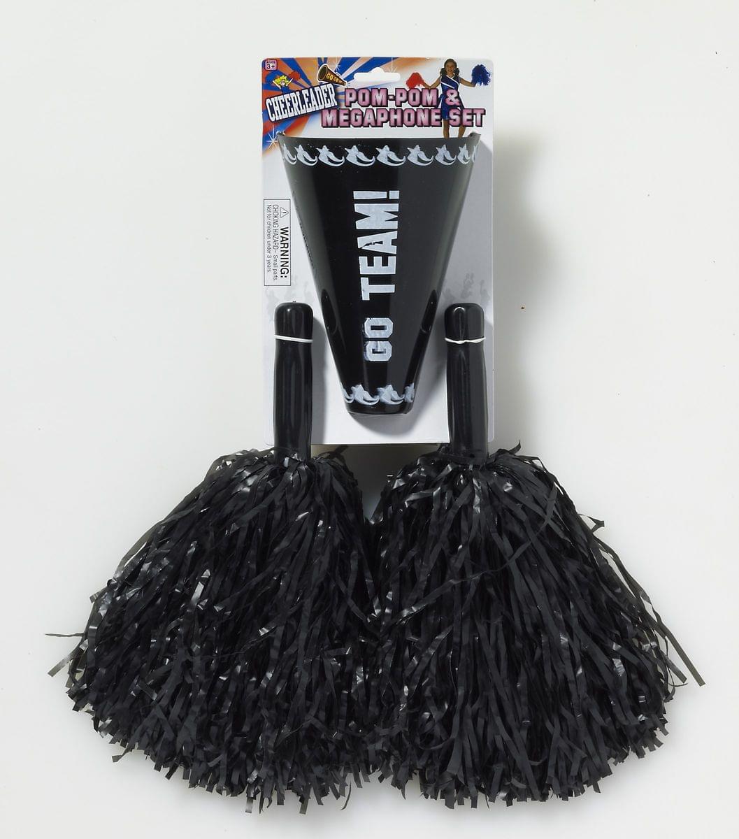 Cheerleader Pom Pom & Megaphone Costume Accessory Set: Black | Free Sh