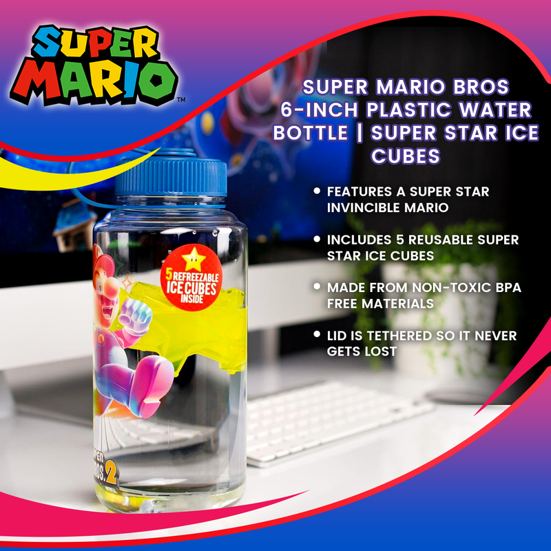 Super Mario Plastic Water Bottle w/ Super Star Ice Cubes | Free Shippi