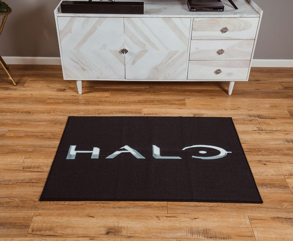 HALO Black Rectangle Logo Printed Area Rug | Free Shipping