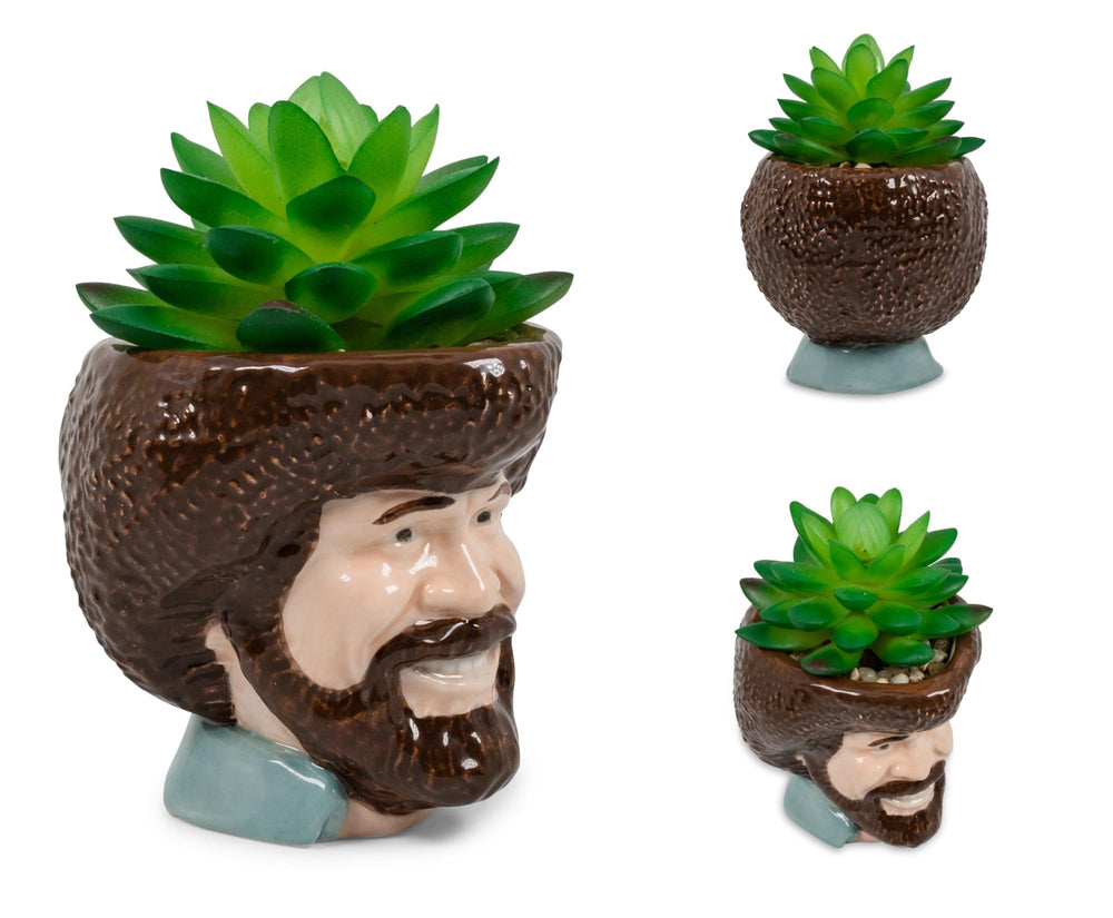 Bob Ross Ceramic Planter w/ Artificial Plant | Free Shipping