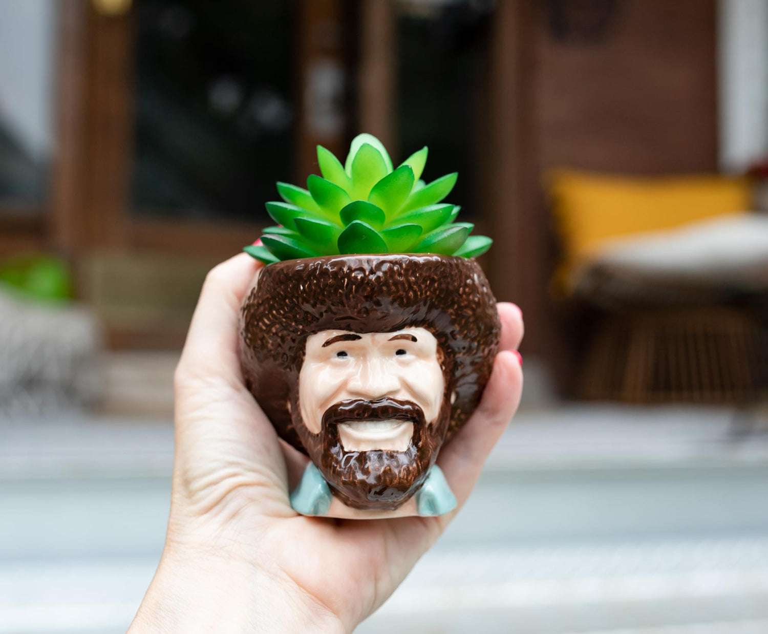 Bob Ross Ceramic Planter w/ Artificial Plant | Free Shipping