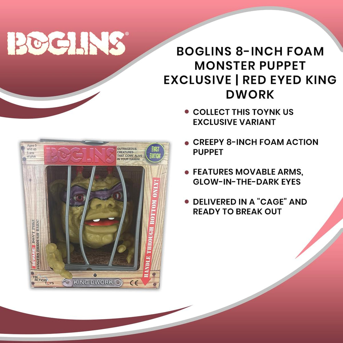 Boglins Foam Monster Puppet | Red Eyed King Dwork | Free Shipping