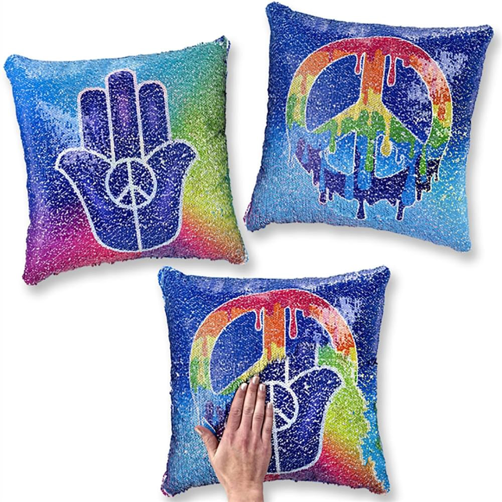 Reversible Sequin 14" Square Pillow, Hamsa/ Peace Sign | Free Shipping